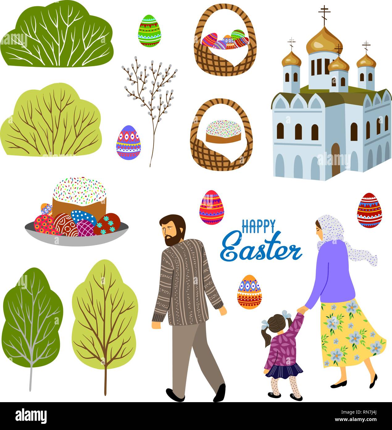 Set of isolated elements for design on an Easter theme. Flat vector ...