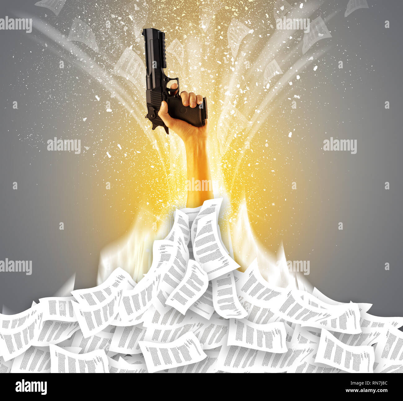 Hand buried in document pile and breaking out from it Stock Photo - Alamy