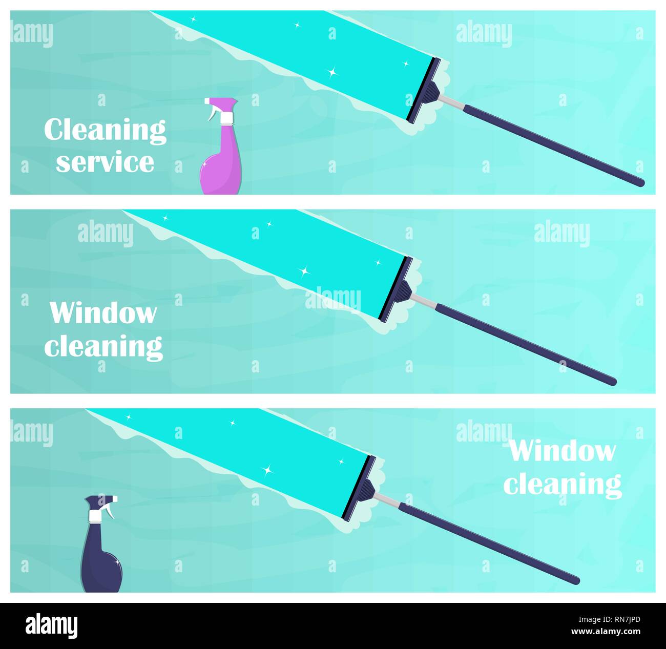 Window cleaning horizontal banners. Glass scraper glides over the glass ...