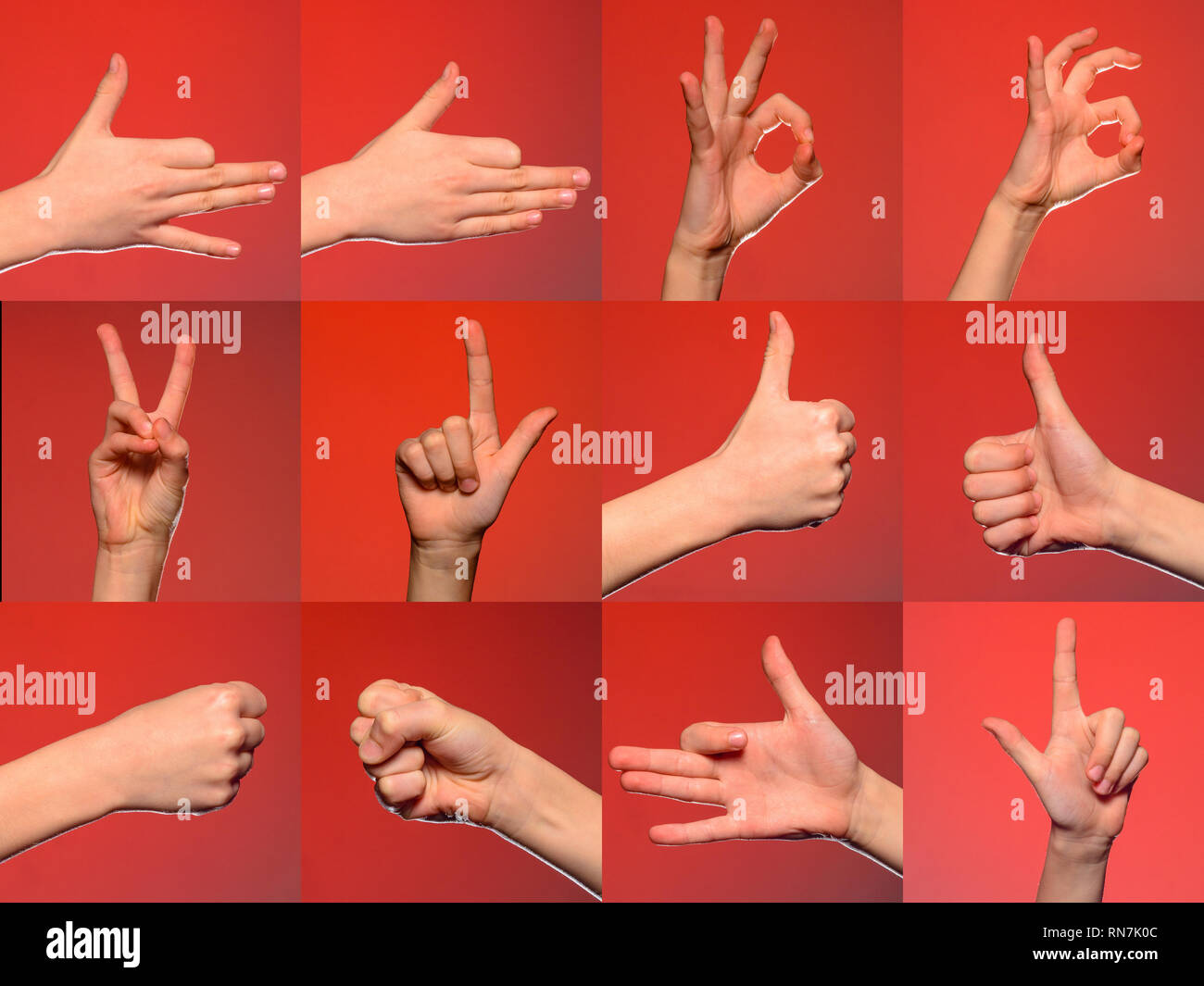 Male hand gestures and signs collection isolated over red background ...