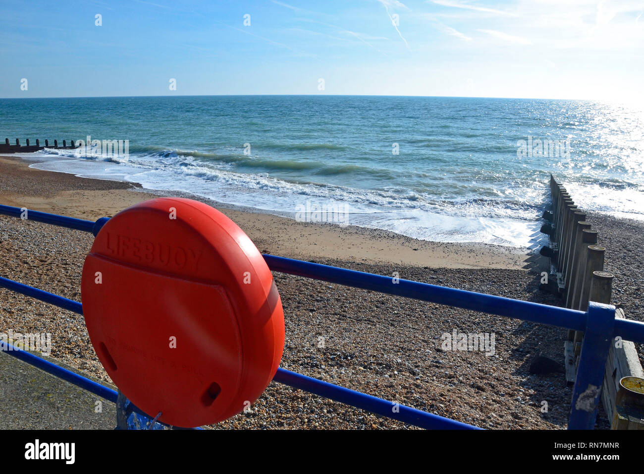 Lifebuoy on Eastbourne Seafront from the Promenade, England, UK Stock ...