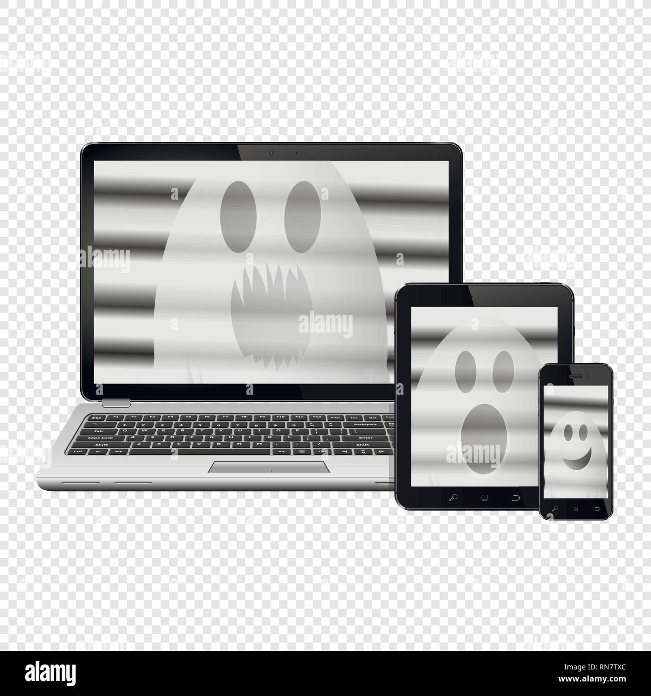Ghost faces on digital devices screens isolated on transparent ...