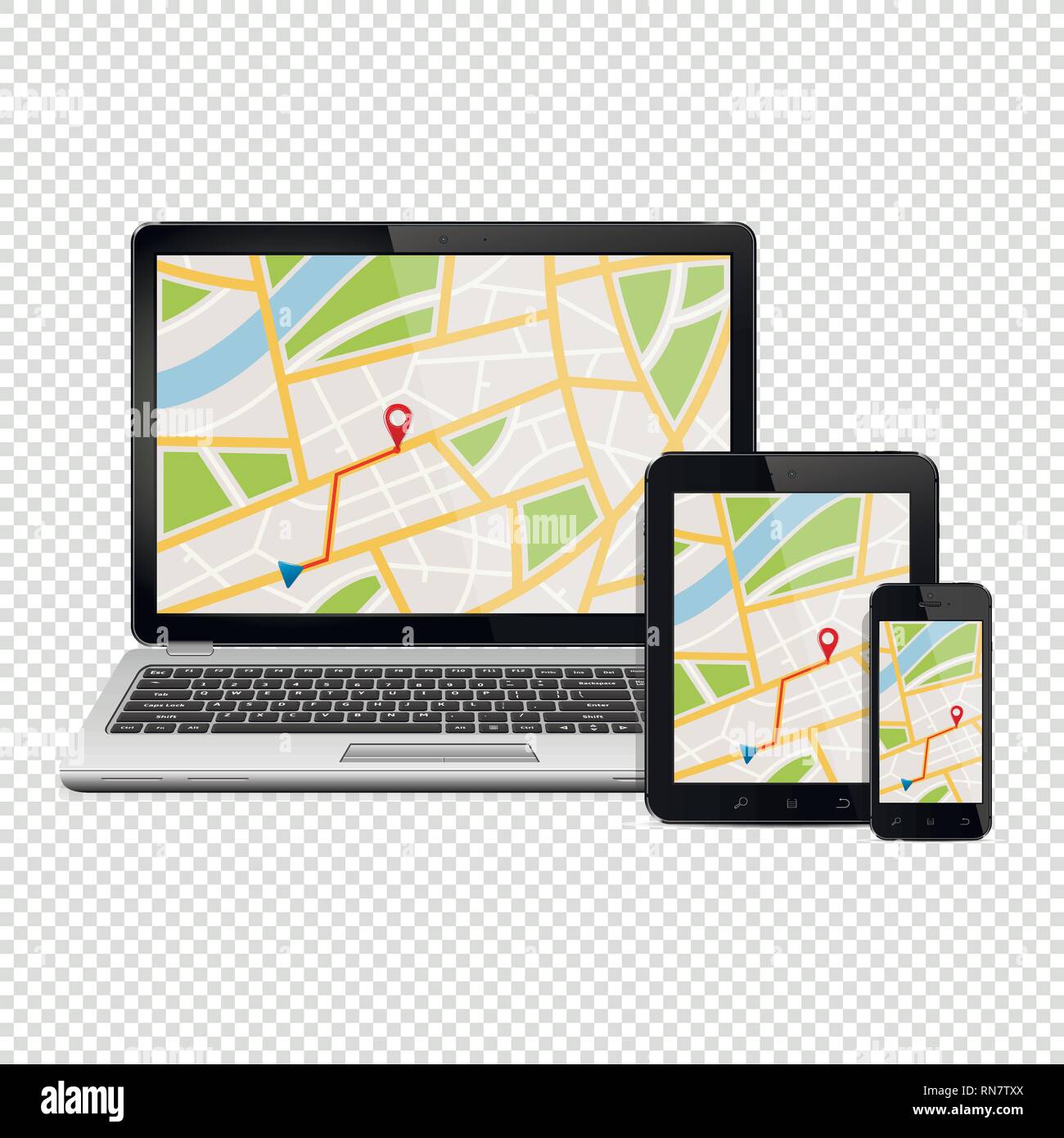 GPS map on display of modern digital devices isolated on transparent ...