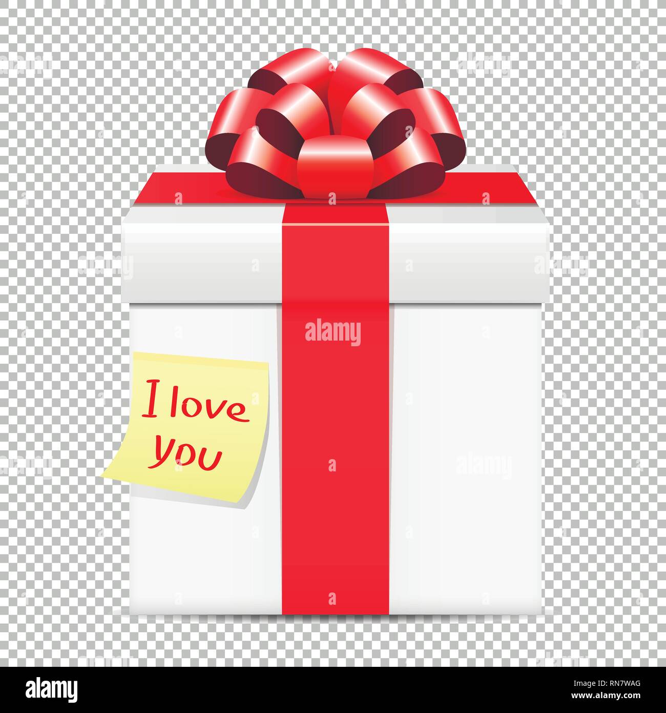 White gift box with red bow and yellow paper note isolated on ...