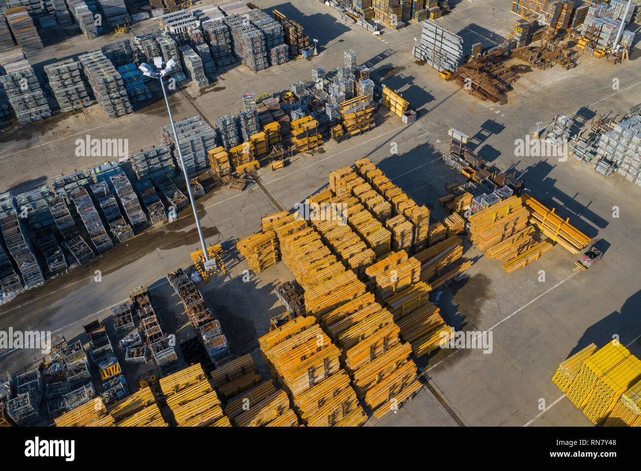 Aerial view of storage place. Construction materials in industrial city ...