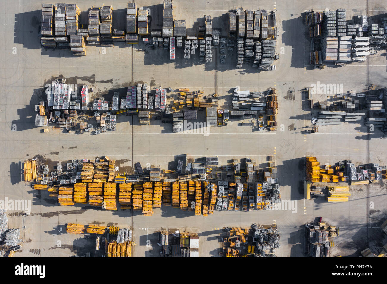 Aerial view of storage place. Construction materials in industrial city ...