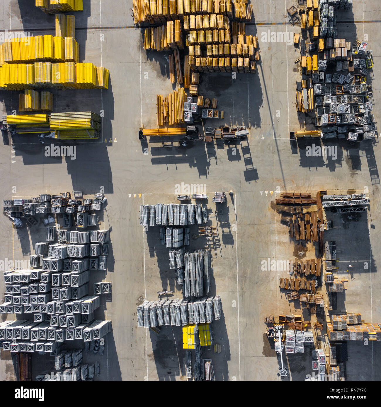 Aerial view of storage place. Construction materials in industrial city ...