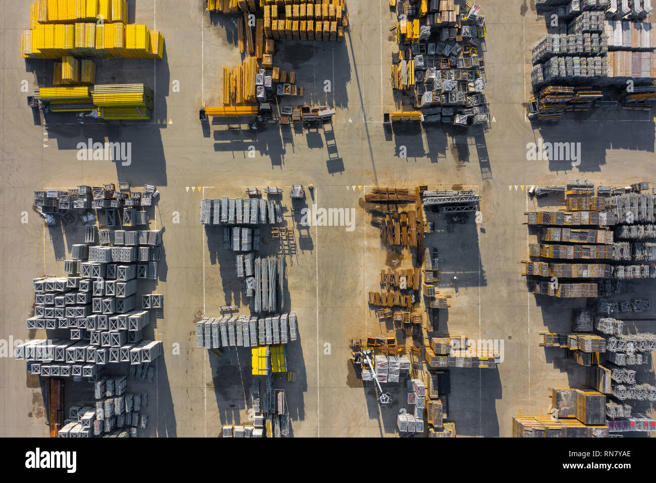Aerial view of storage place. Construction materials in industrial city ...