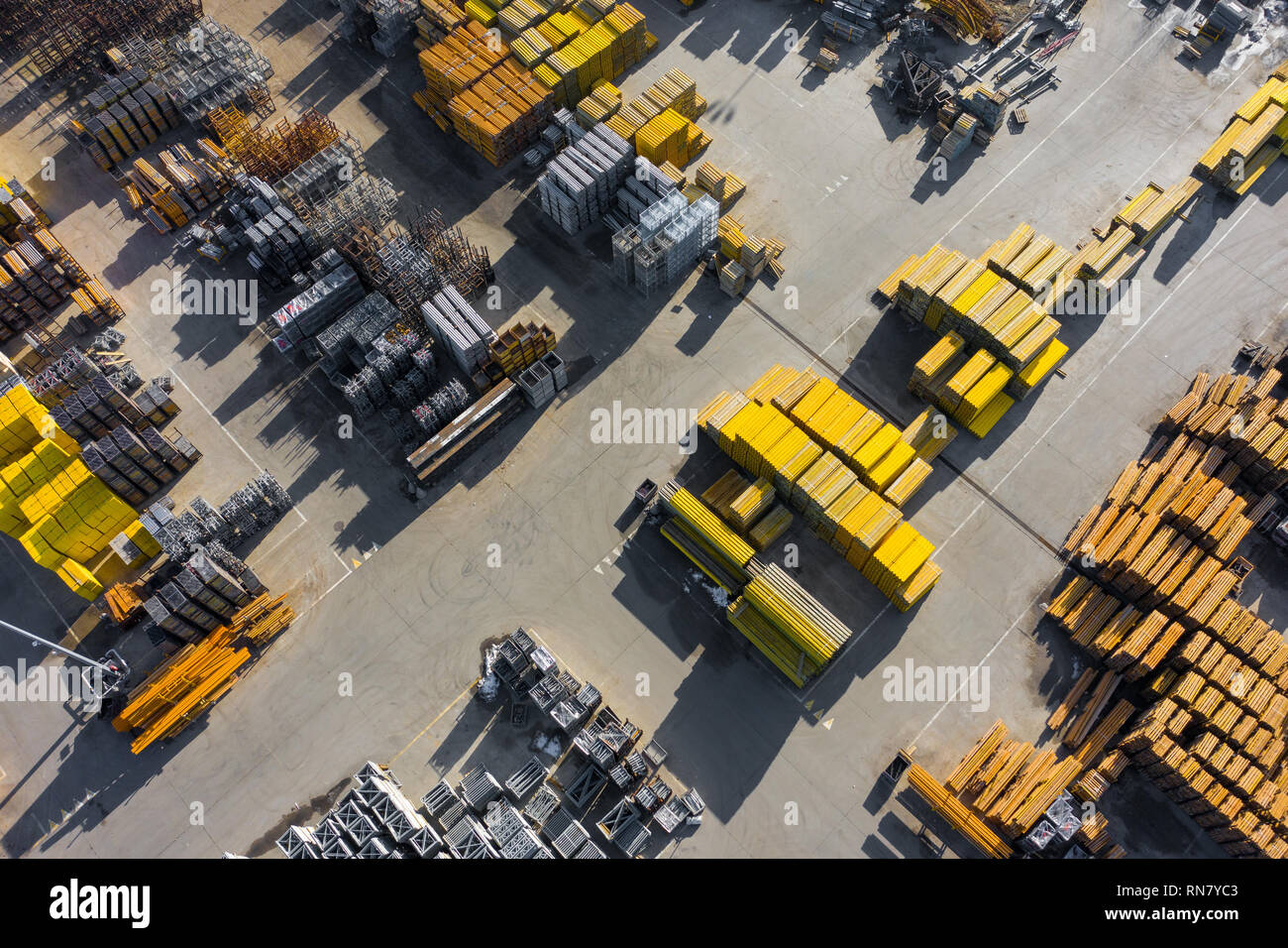 Aerial view of storage place. Construction materials in industrial city ...