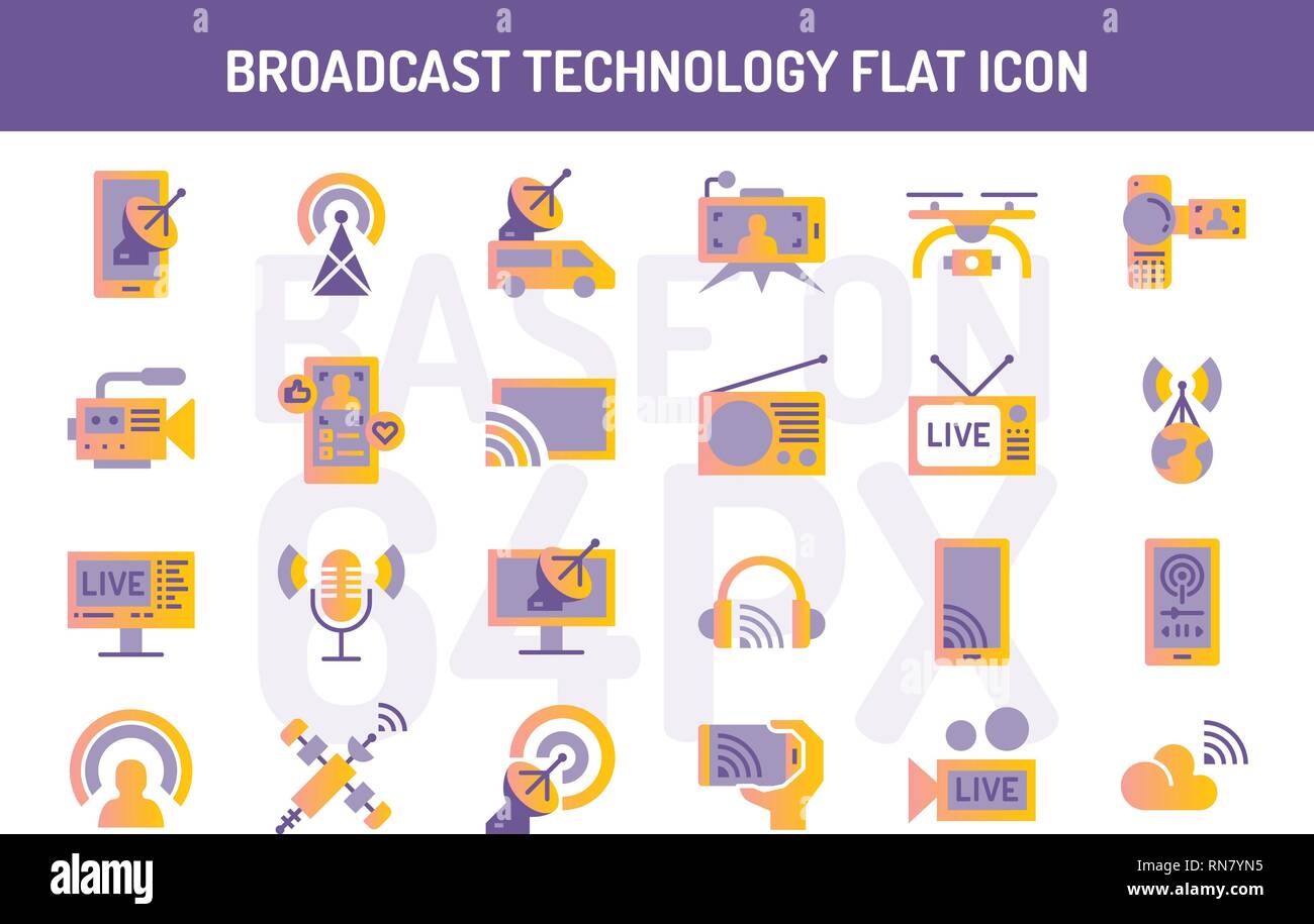 Broadcast technology flat icons set. Pixel perfect icon base on 64PX ...