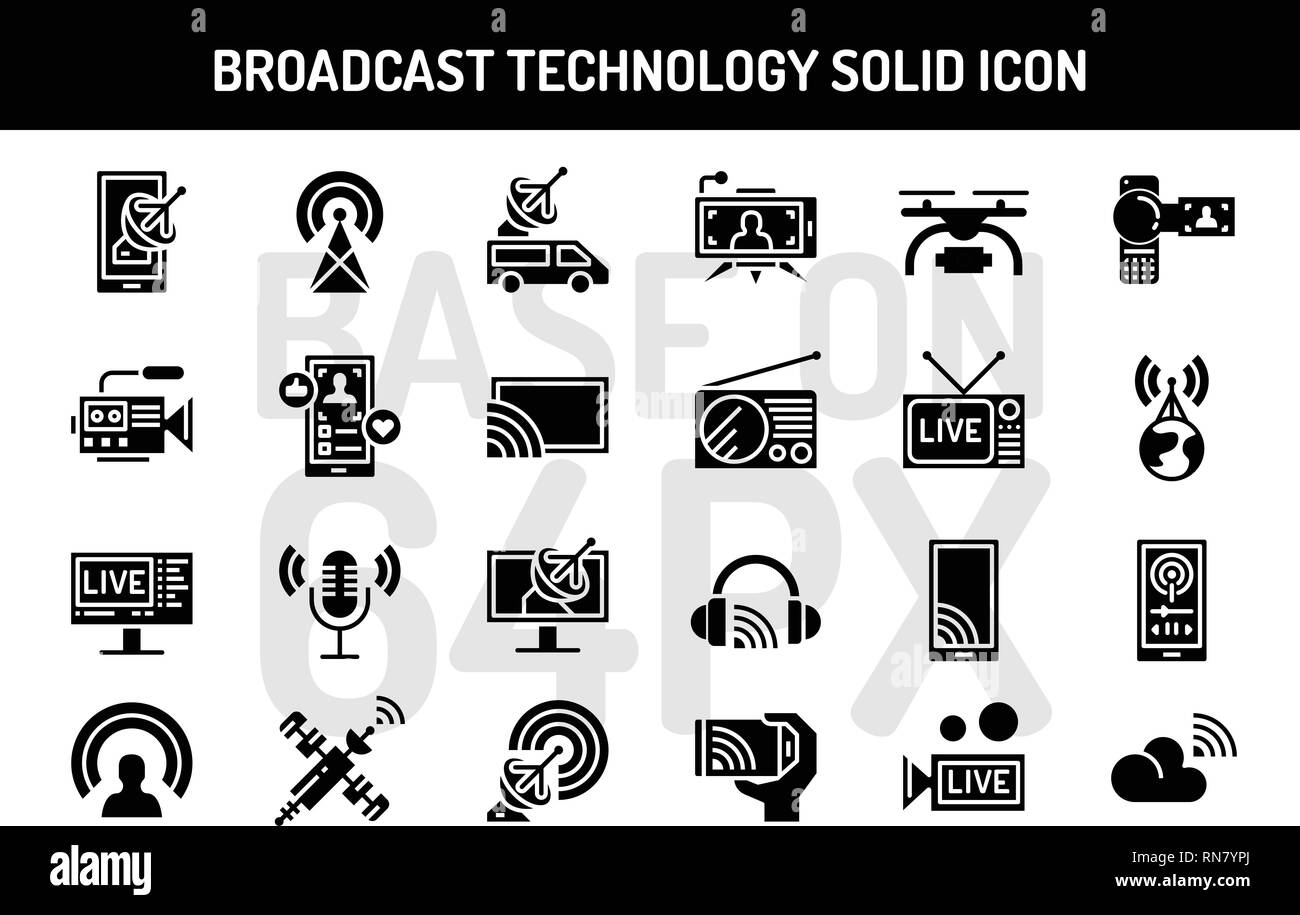 Broadcast technology solid icons set. Pixel perfect icon base on 64PX ...
