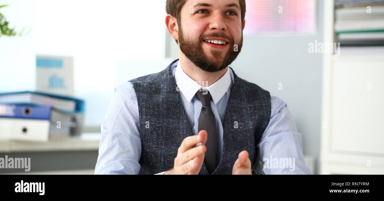 Man in suit clap his arms congrats for successful seminar Stock Photo ...