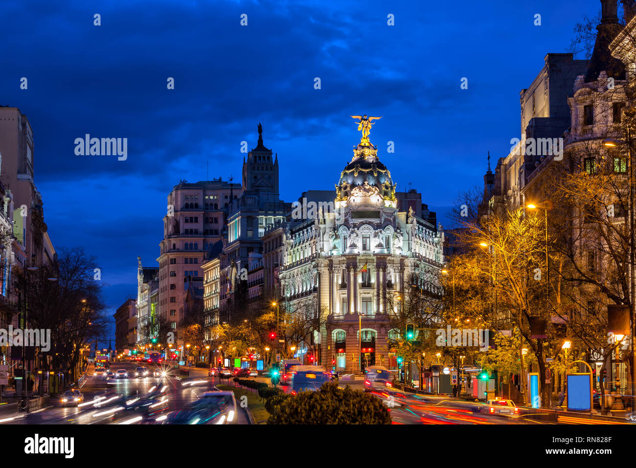 Madrid downtown cityscape at night, capital of Spain, Calle de Alcala ...