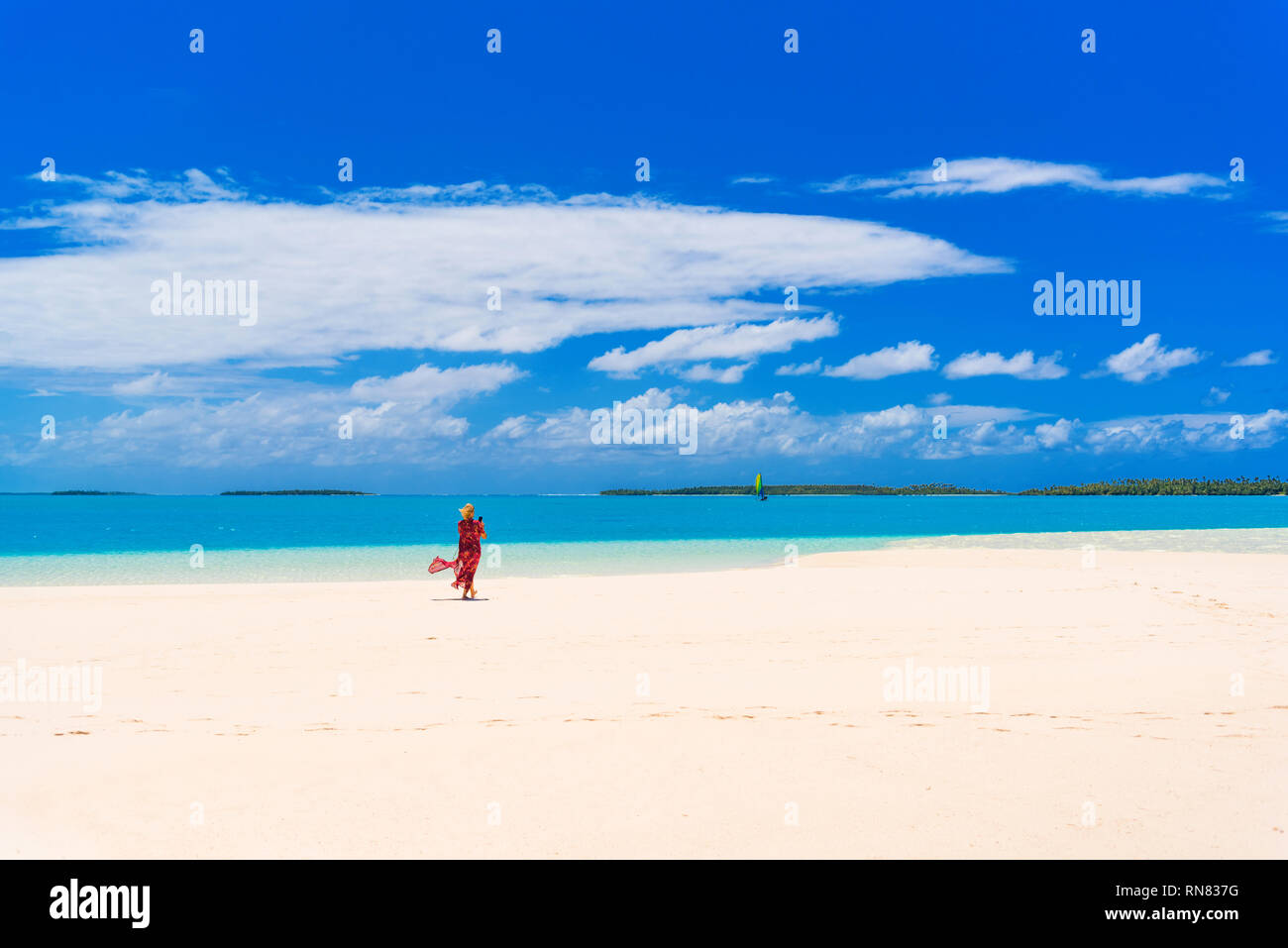 View of the sandy beach, Aitutaki island, Cook Islands, South Pacific ...