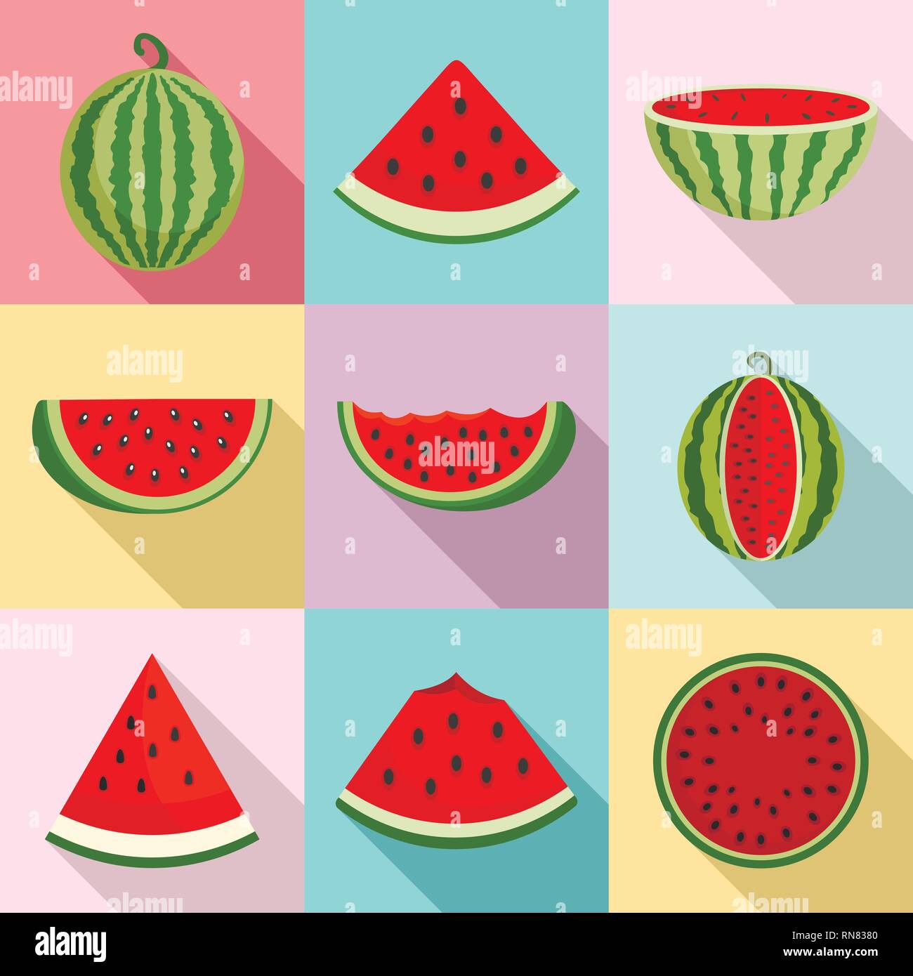 Watermelon icons set. Flat set of watermelon vector icons for web ...
