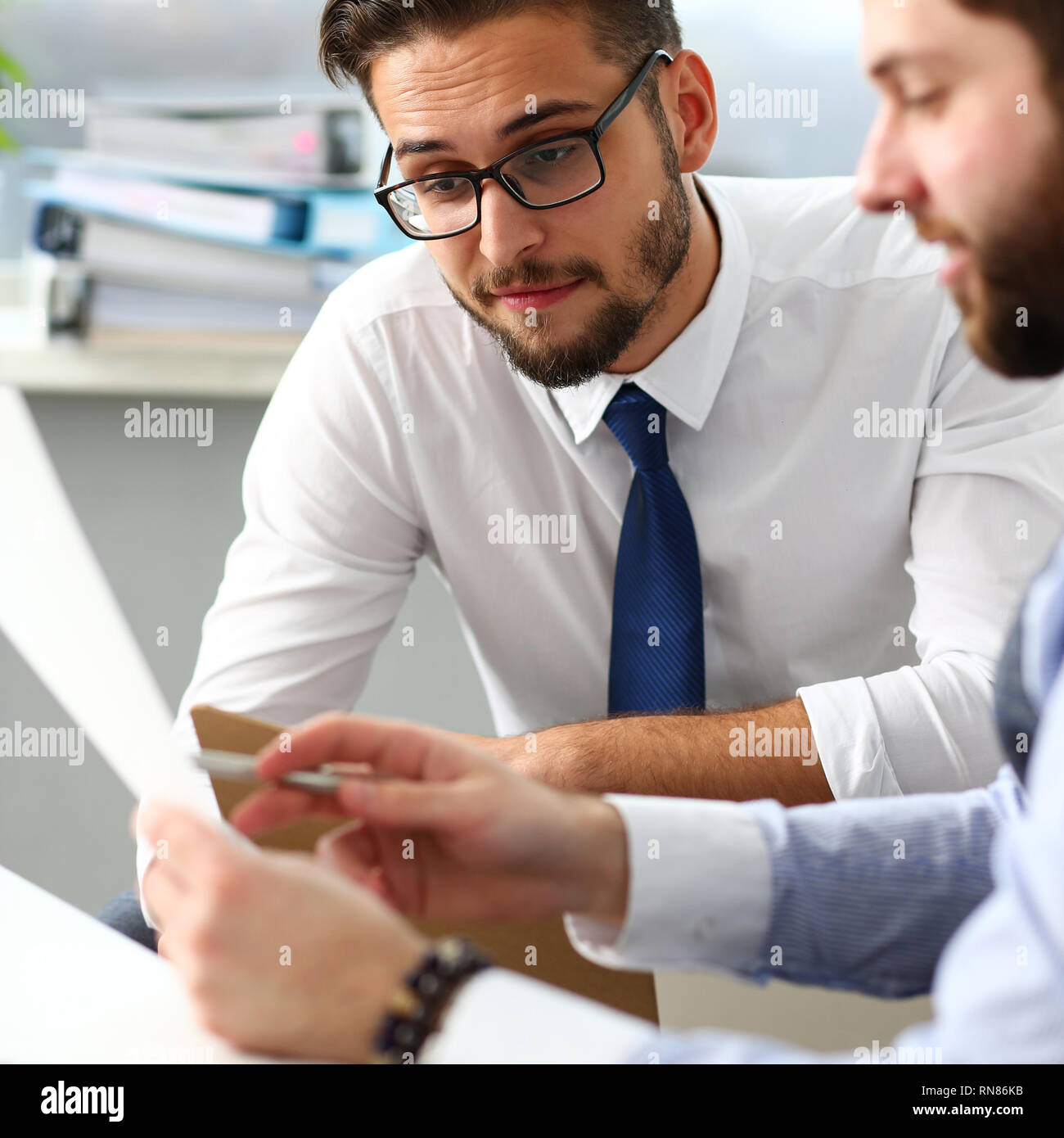 Group of people hold in arms financial papers solve and discuss problem ...