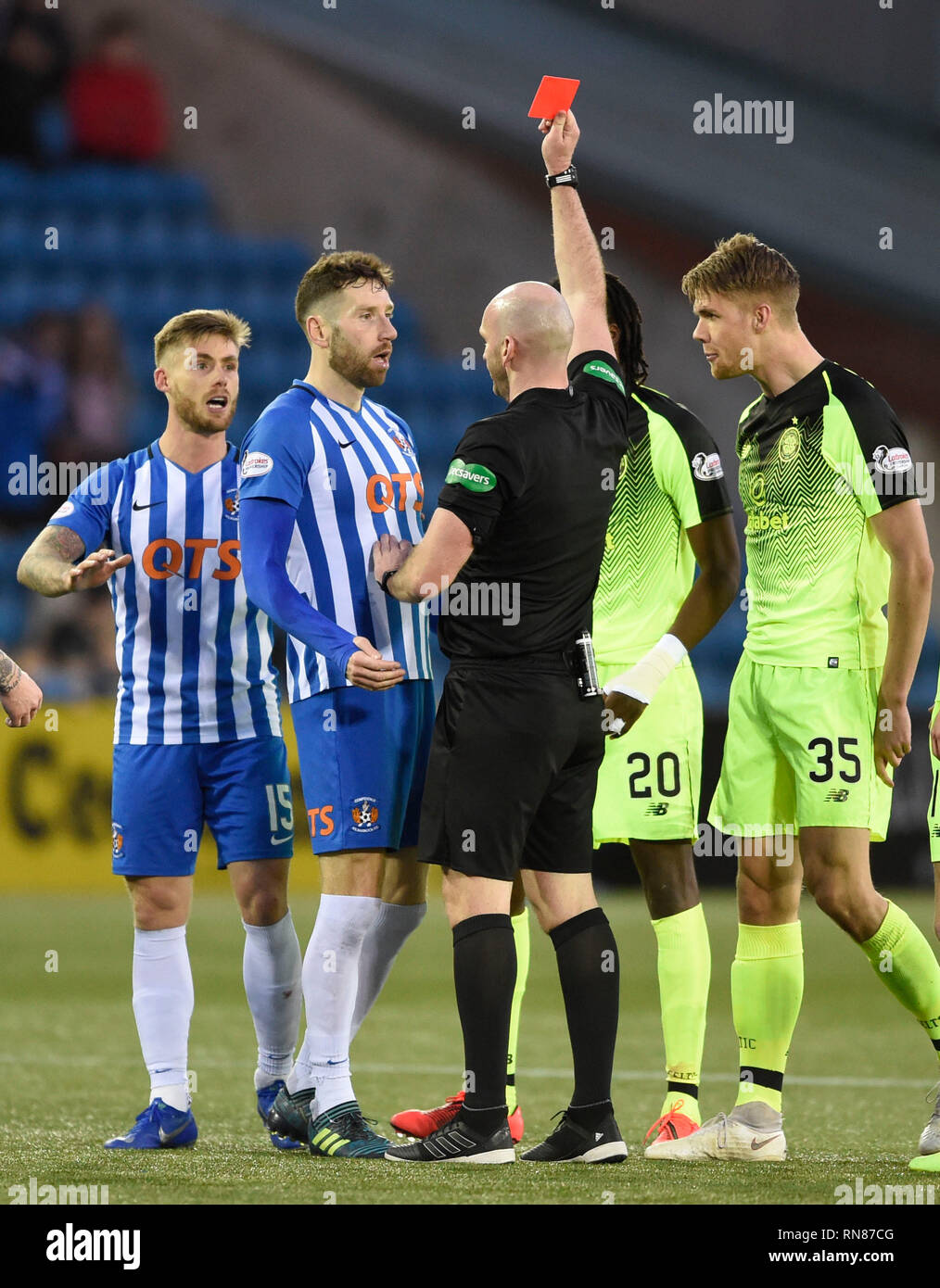 Referee Bobby Madden shows Kilmarnock’s Kirk Broadfoot a red card ...