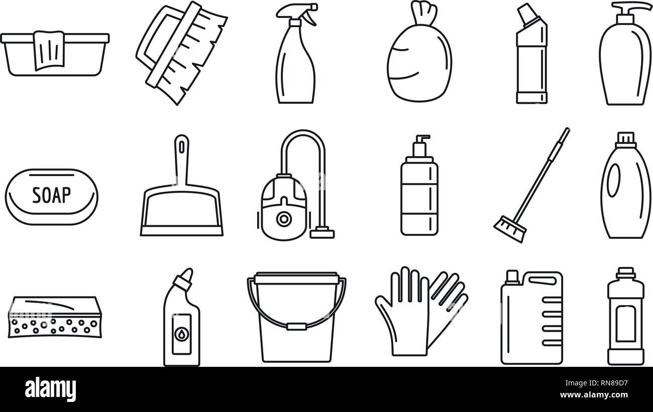 Commercial cleaner equipment icons set. Outline set of commercial ...