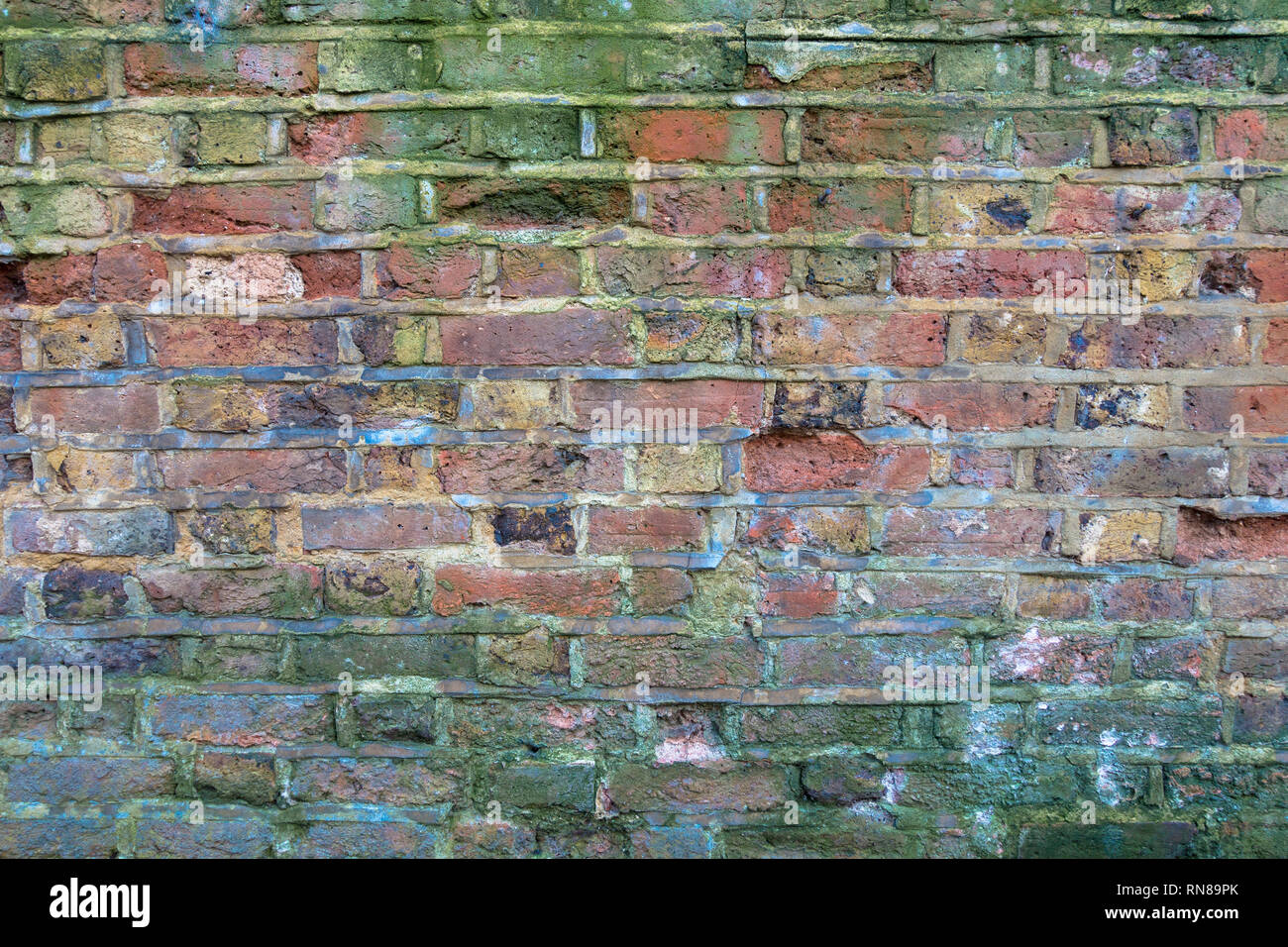 An old brick wall which is starting to crumble and is stained green by ...