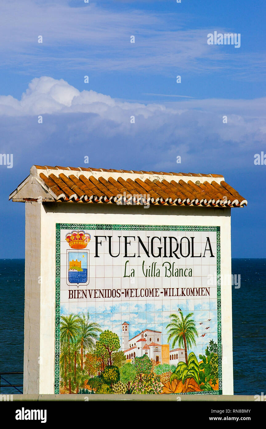 Welcome sign to Fuengirola, on the Costa del Sol in the province of ...
