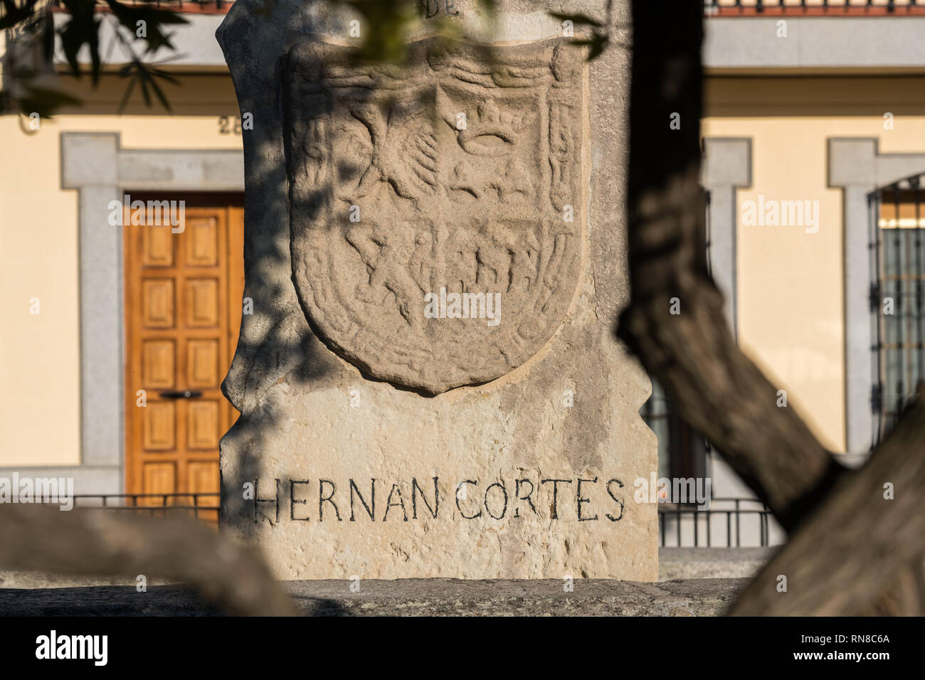 The coat of arms of Hernan Cortes in a monolith that indicates the ...