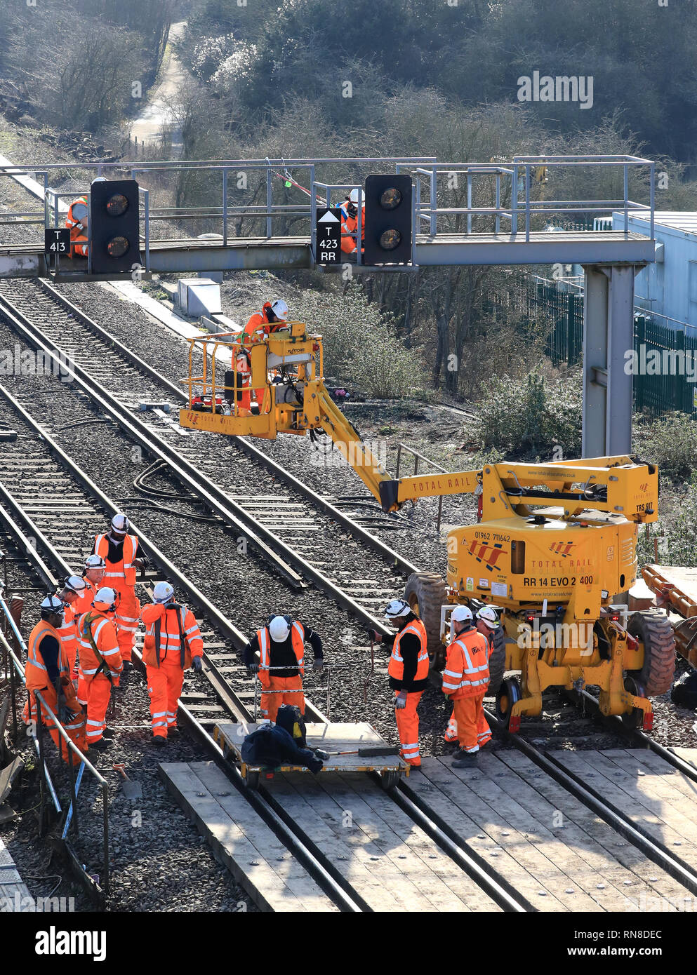Engineers working on the the southern end of the Brighton Main Line ...
