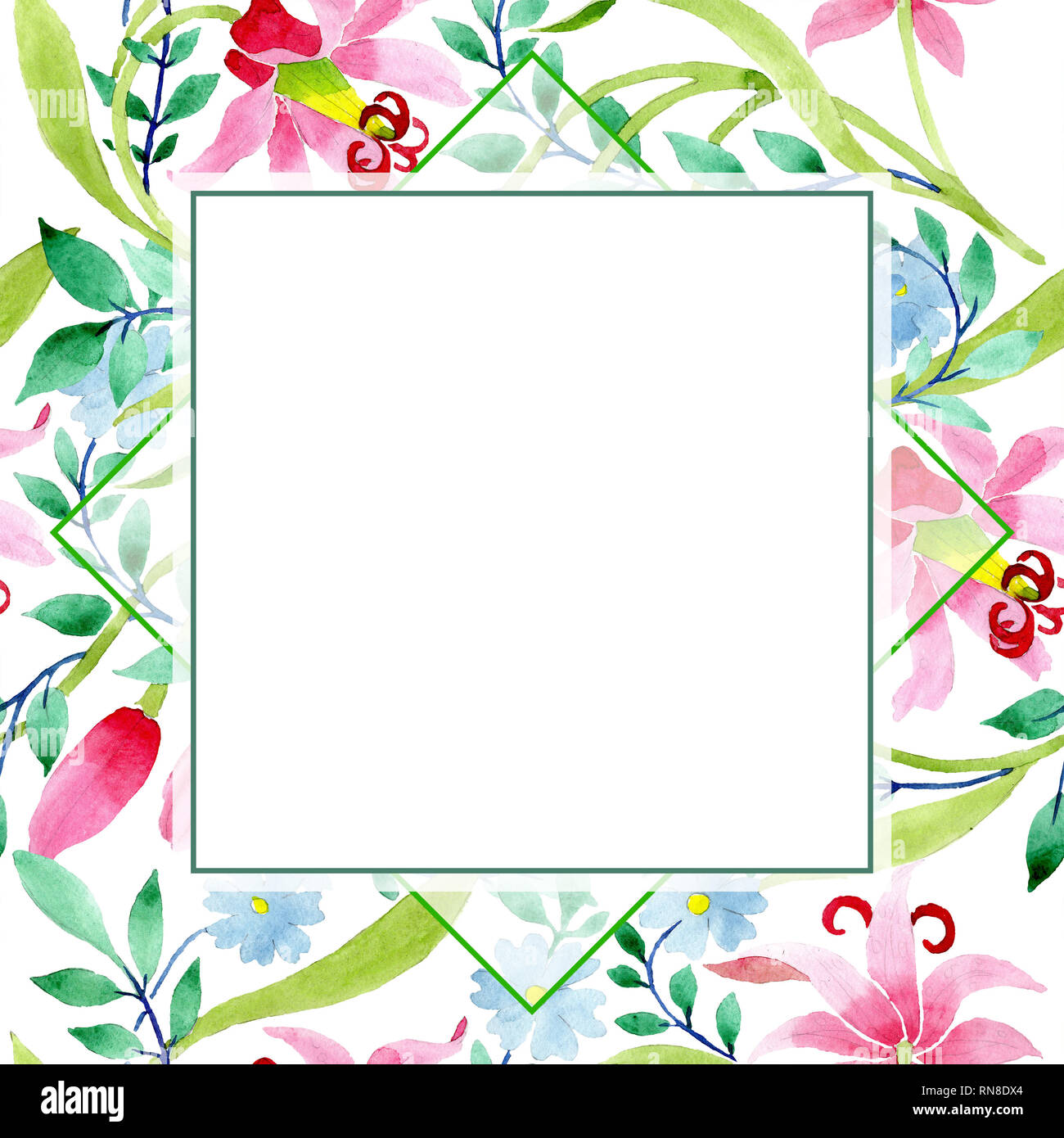 Ornament pink and blue floral botanical flowers. Watercolor background ...