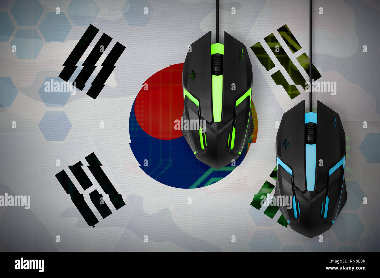 South Korea flag and two modern computer mice with backlight. The ...