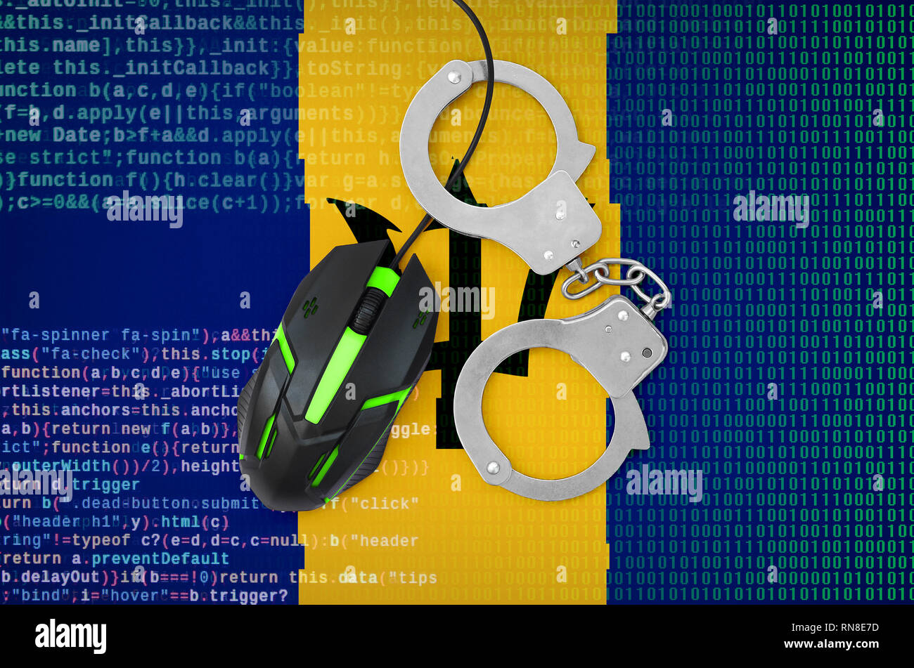 Barbados flag and handcuffed modern backlit computer mouse. Creative ...