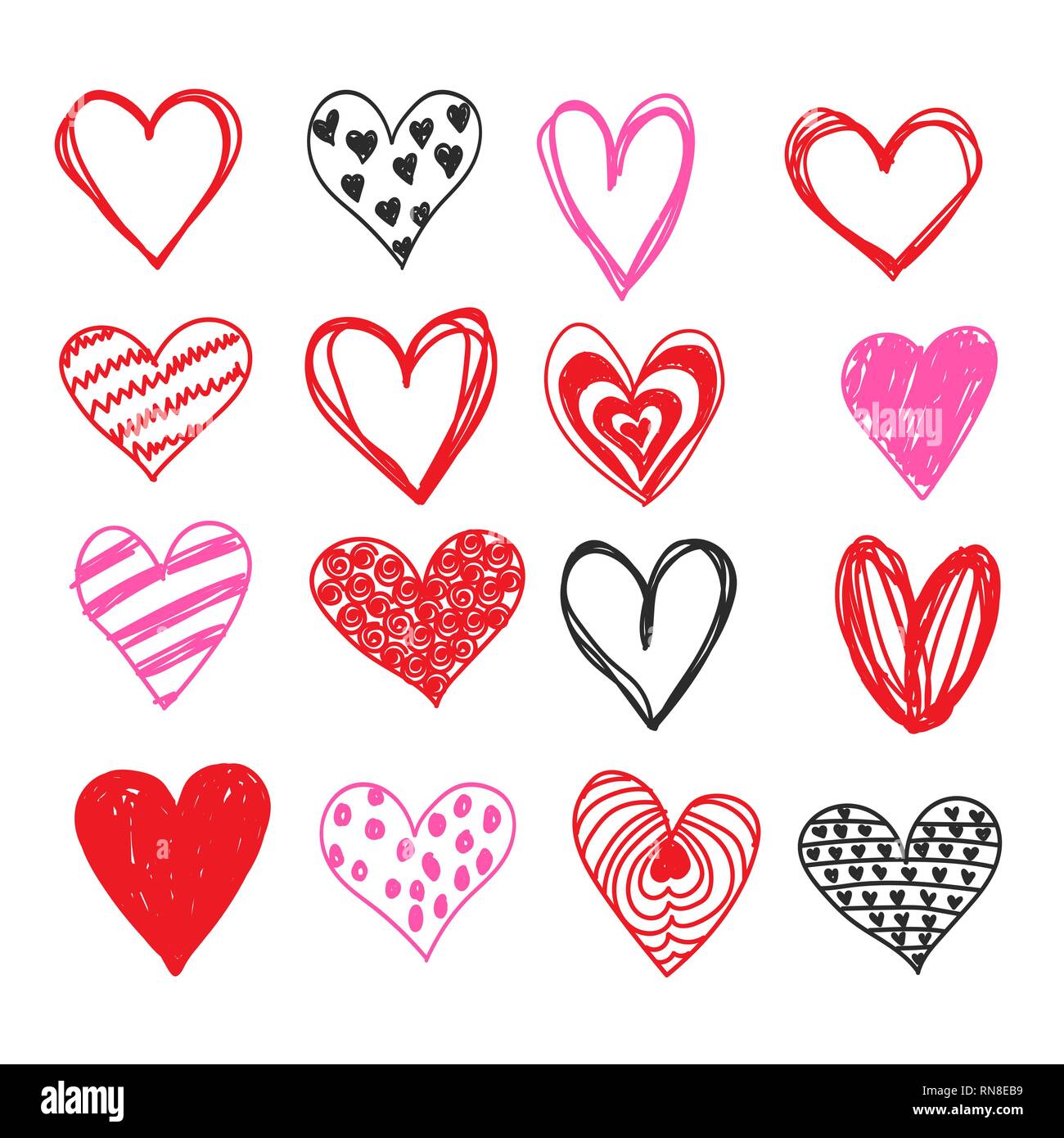 Doodle love heart Valentines Day vector set. Grunge holiday design ...