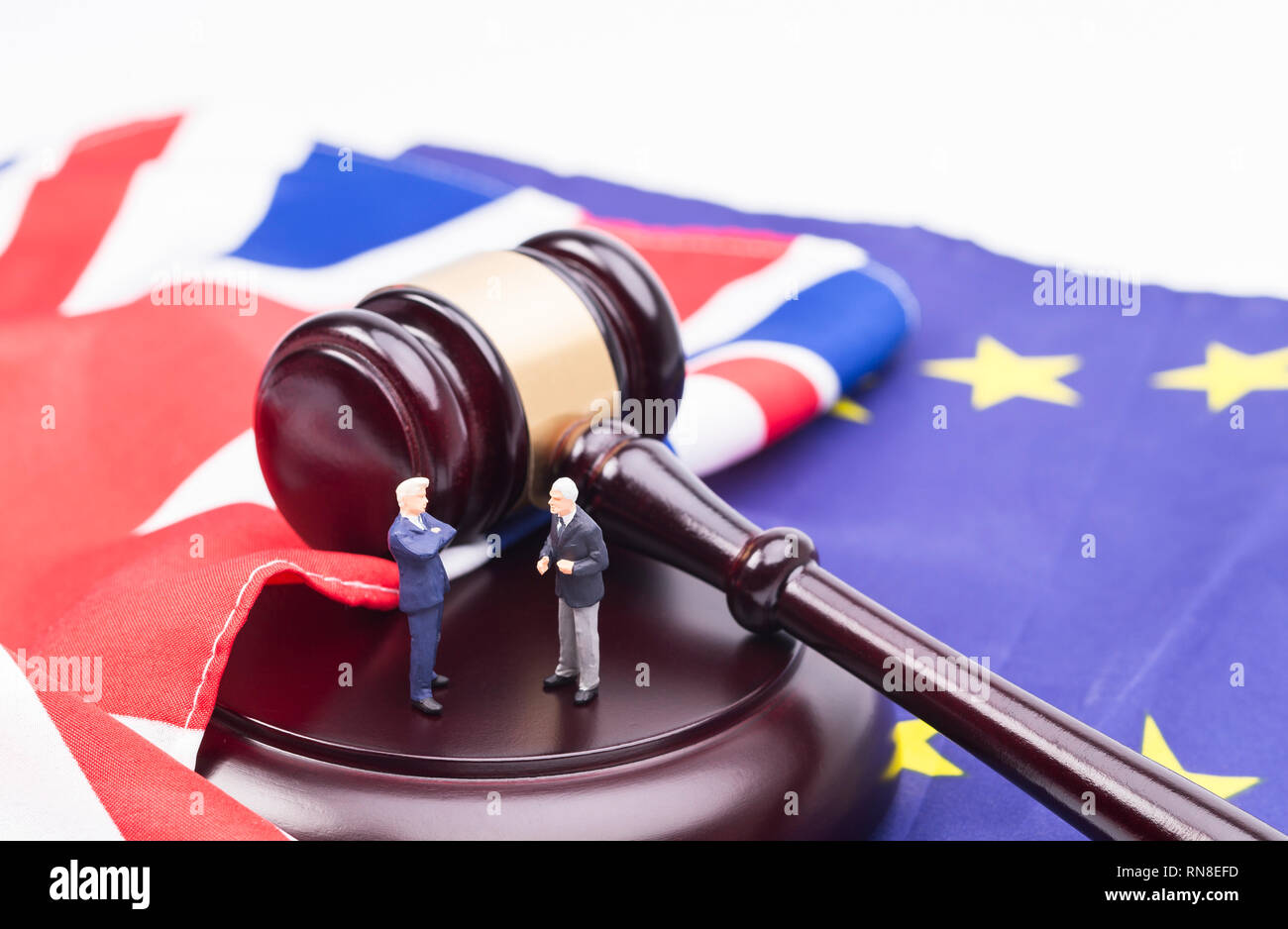 Brexit UK EU legal concept, different position theme with wooden judge ...