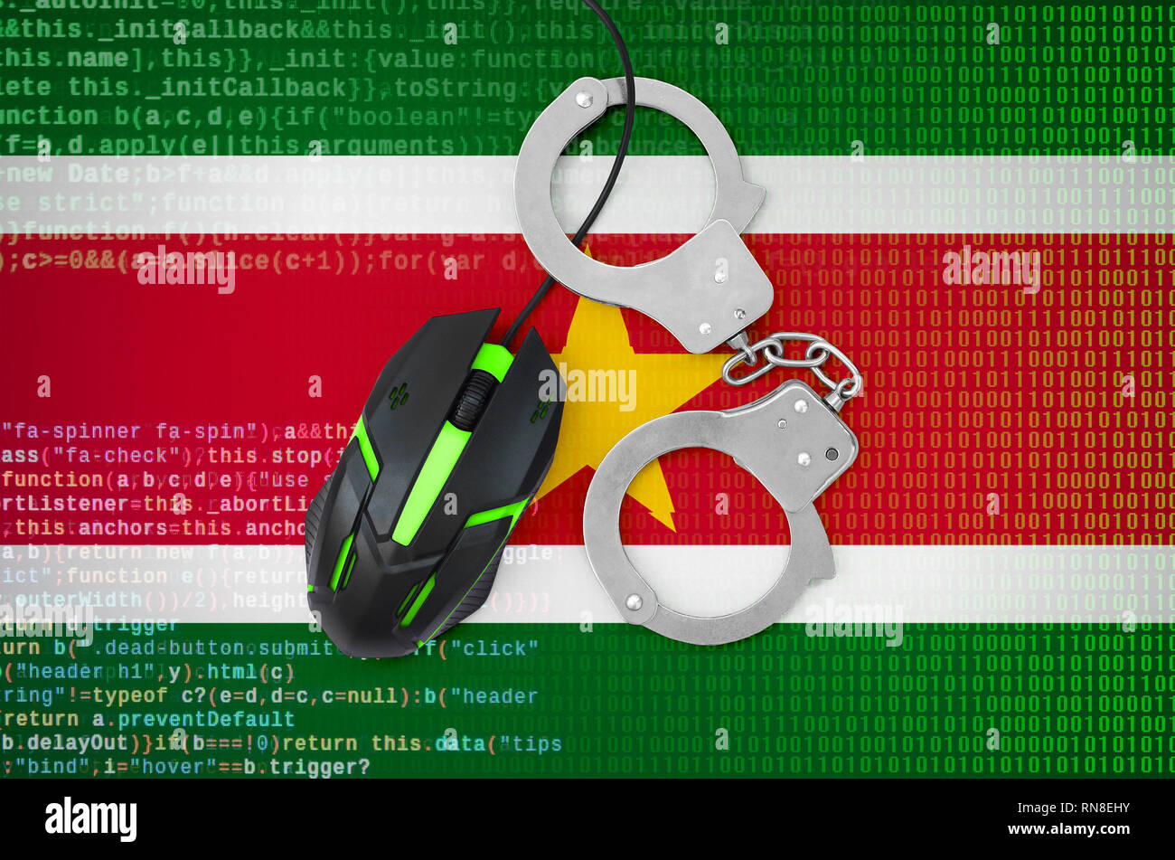 Suriname flag and handcuffed modern backlit computer mouse. Creative ...