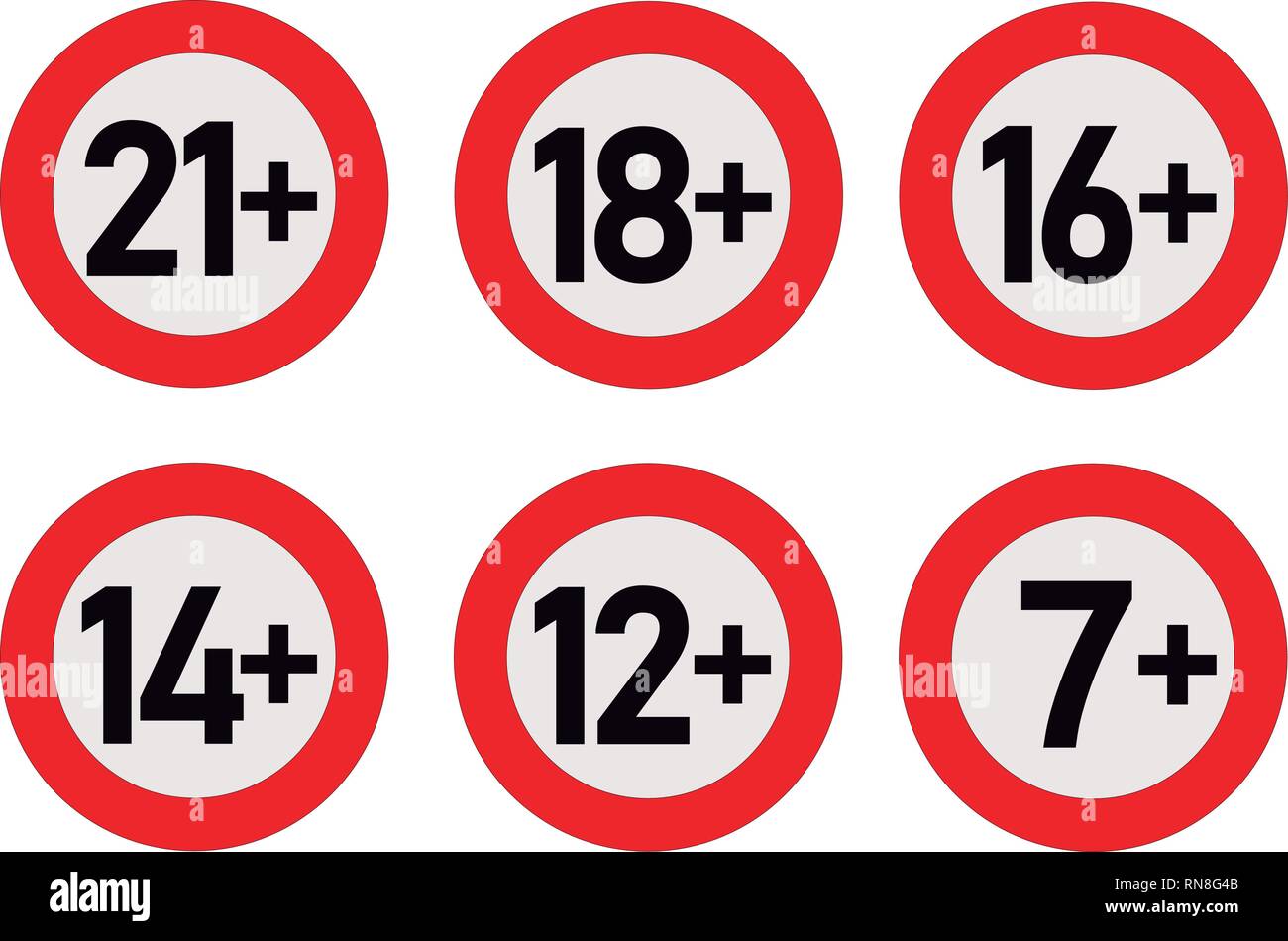 Set of age limit signs. Vector signal, only older than 7, 12, 14, 16 ...