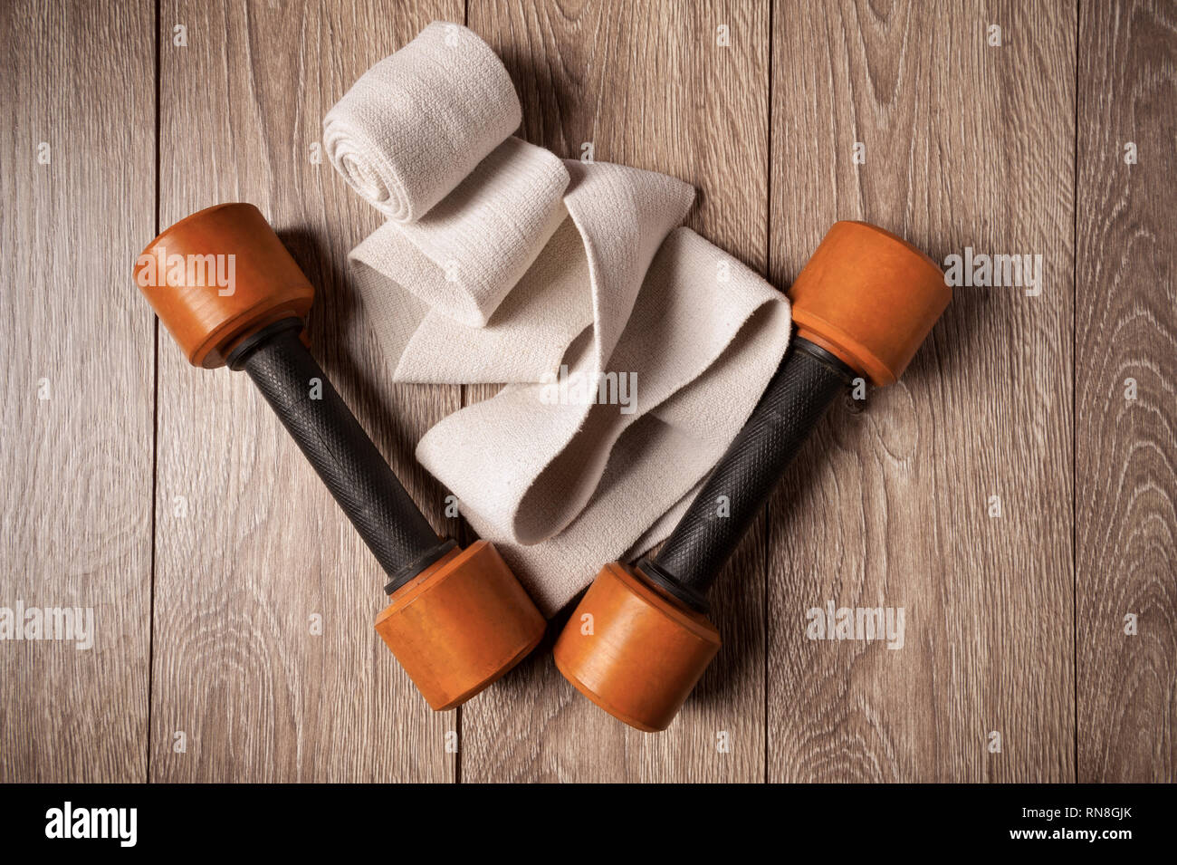 fitness set with dumbbells and elastic bandage Stock Photo - Alamy