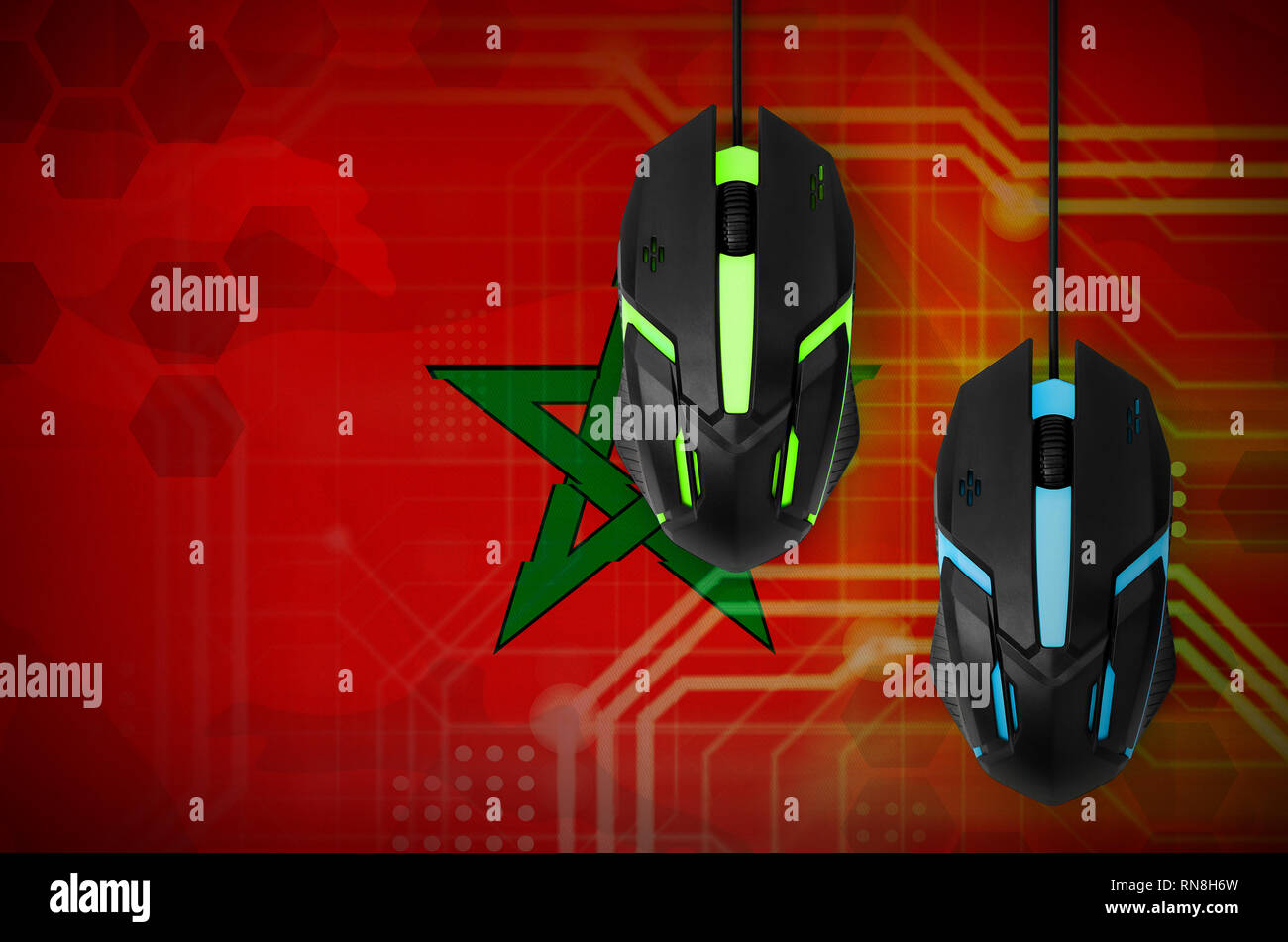 Morocco flag and two modern computer mice with backlight. The concept ...