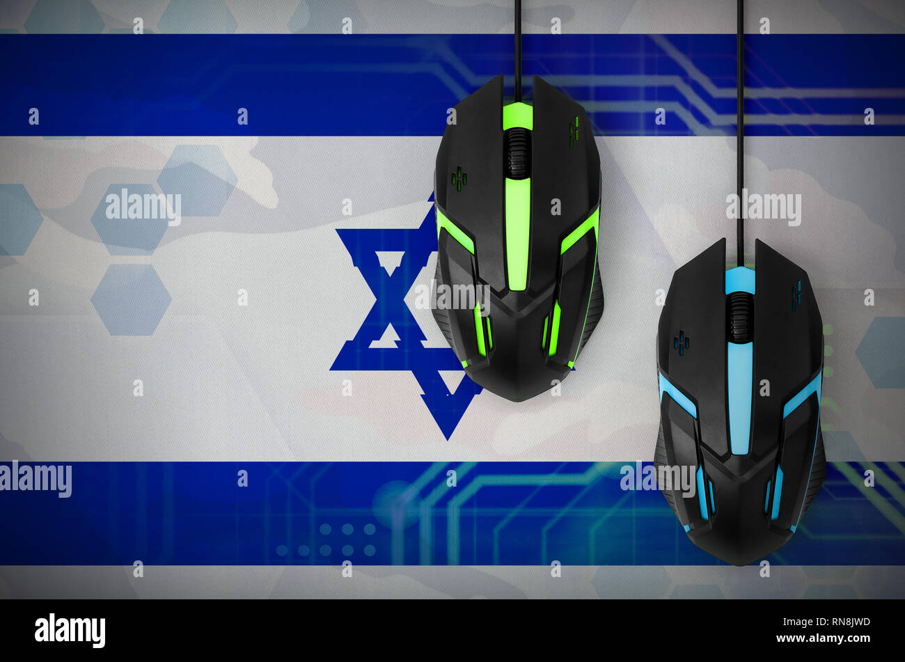 Israel flag and two modern computer mice with backlight. The concept of ...