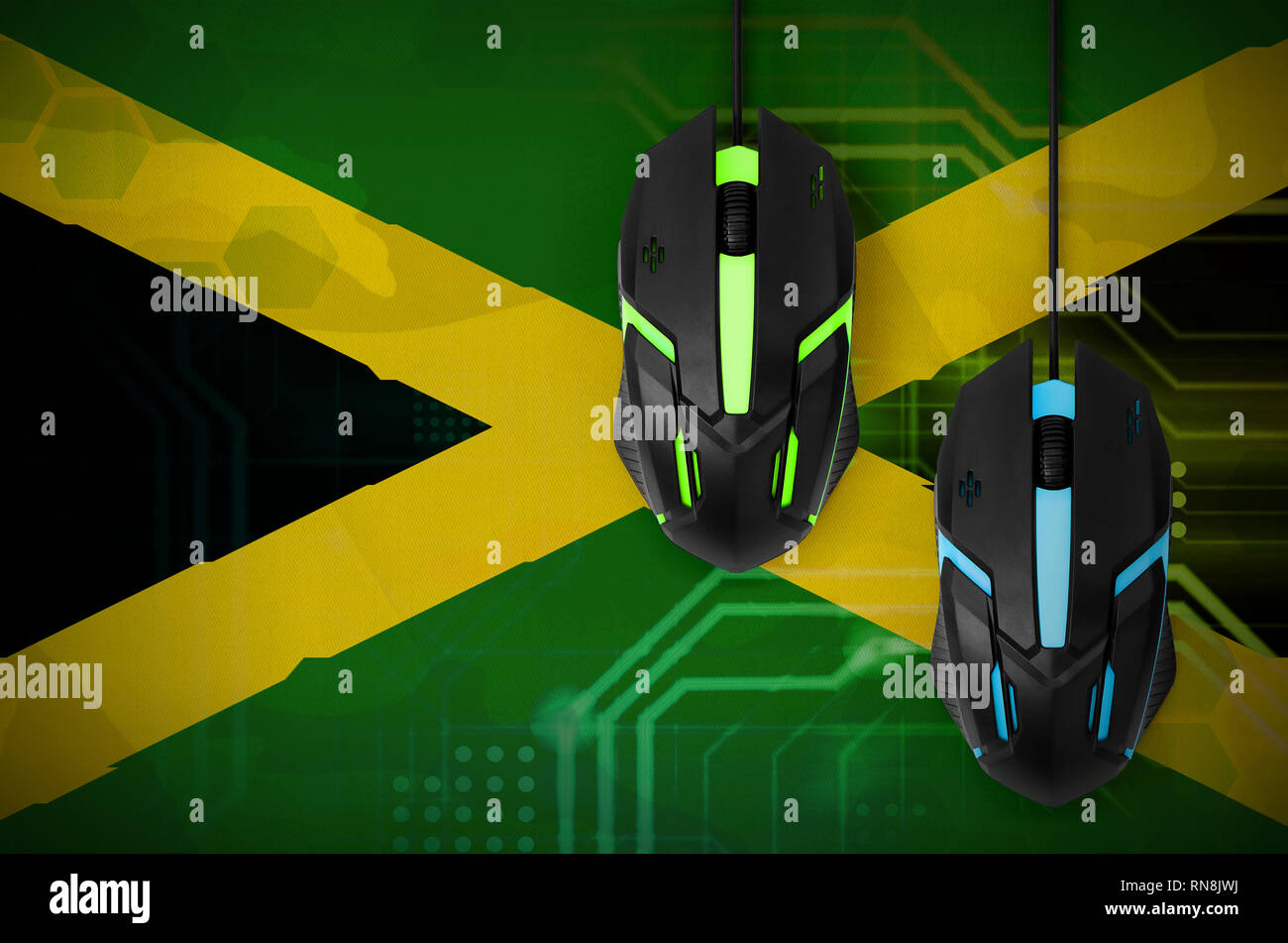 Jamaica flag and two modern computer mice with backlight. The concept ...
