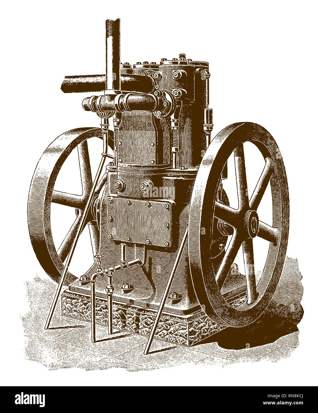 Historic gas engine (after an engraving or etching from the 19th ...
