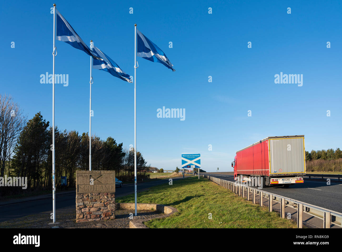 Scottish flags at marker point at Scottish Border on A1 between the ...