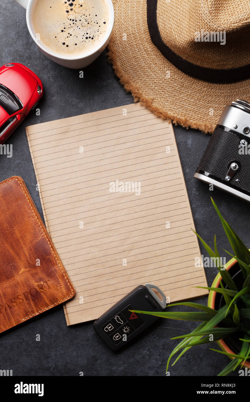 Travel vacation background concept with sun hat, camera, passport, car ...