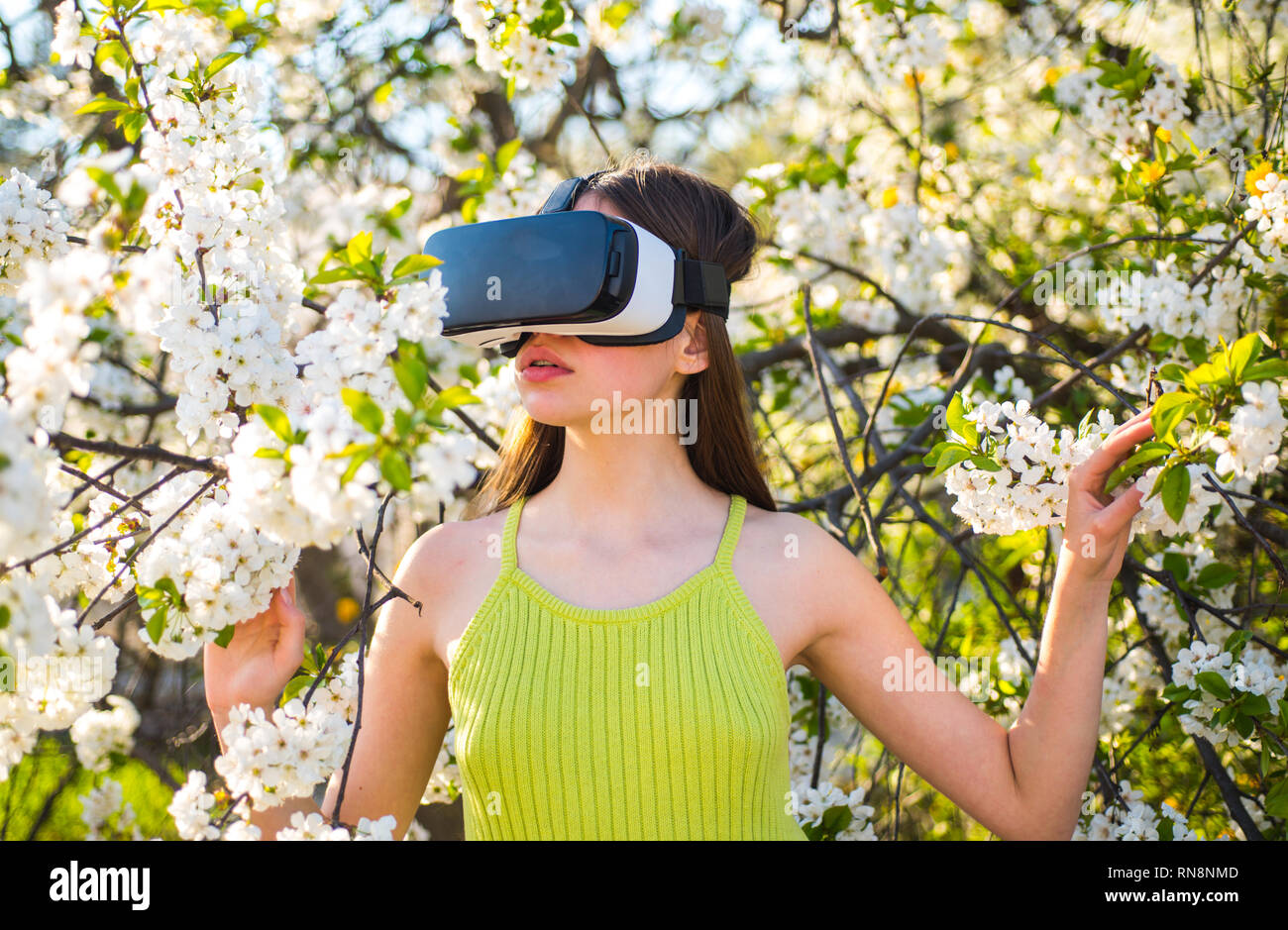 Getting 3D imagery. Innovative vr technology. Pretty girl in virtual ...