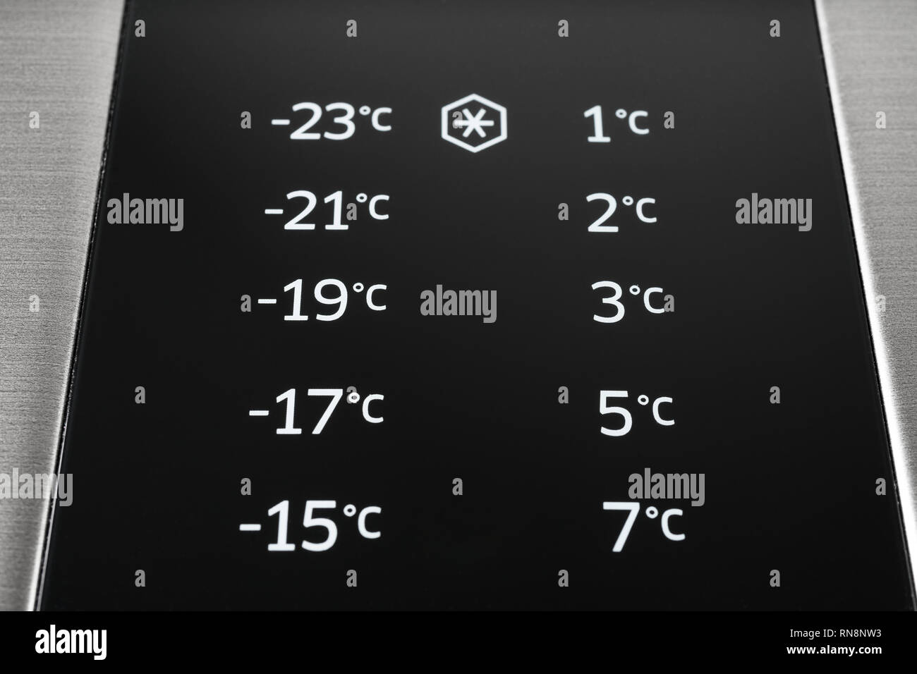 Closeup of modern steel colored fridge and freezer control panel ...