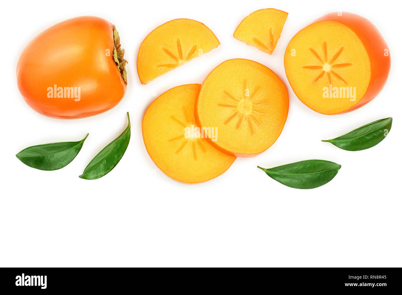 persimmon slice with leaves isolated on white background with copy ...