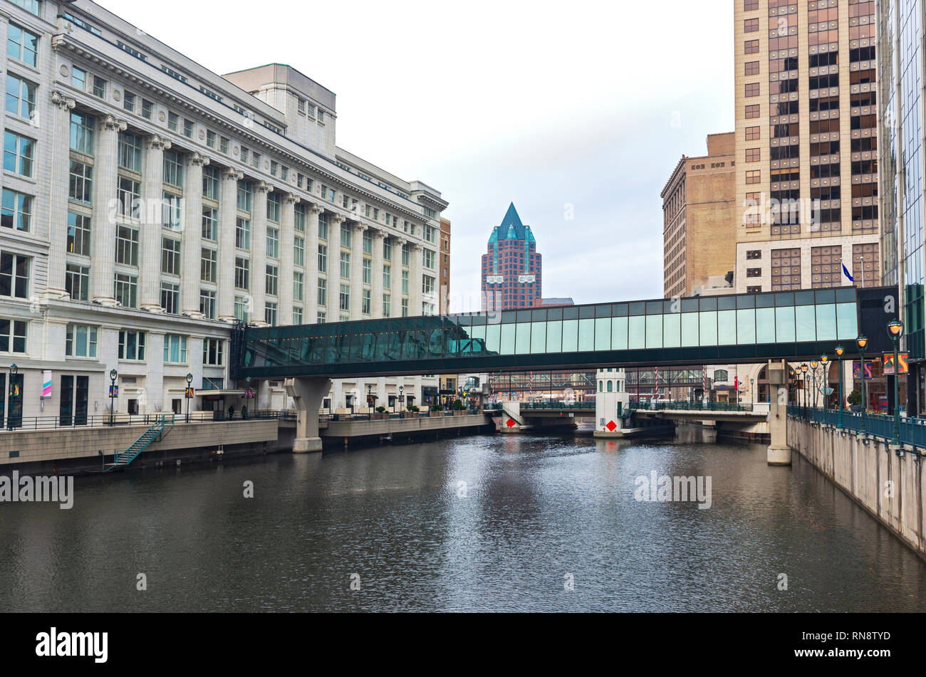architecture landmarks and skyway spanning milwaukee river in downtown ...
