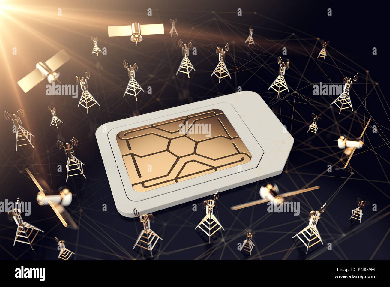 Sim card surrounded by network towers and satellites. Blurry closeup ...