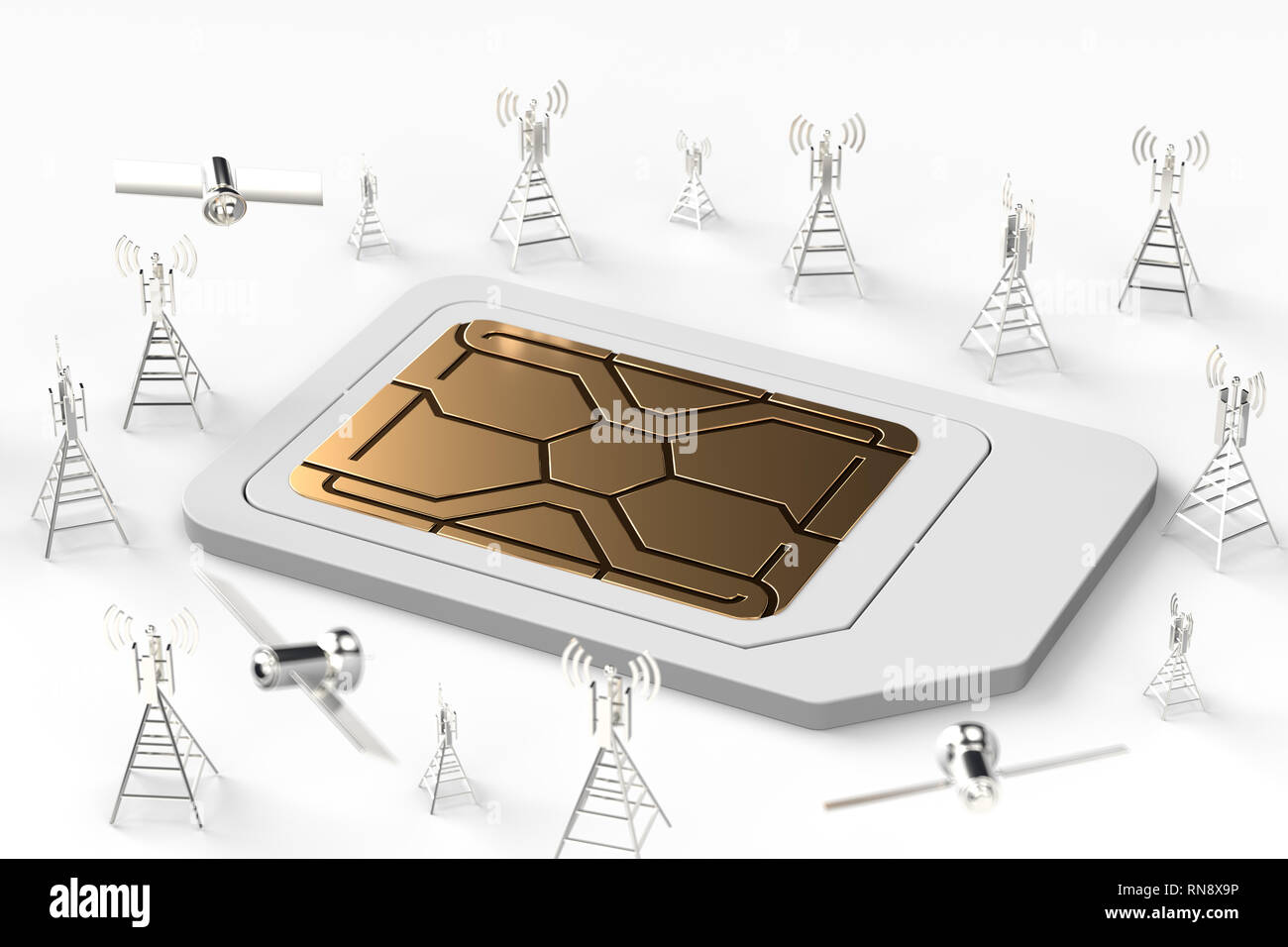 Sim card surrounded by network towers and satellites. Blurry closeup ...