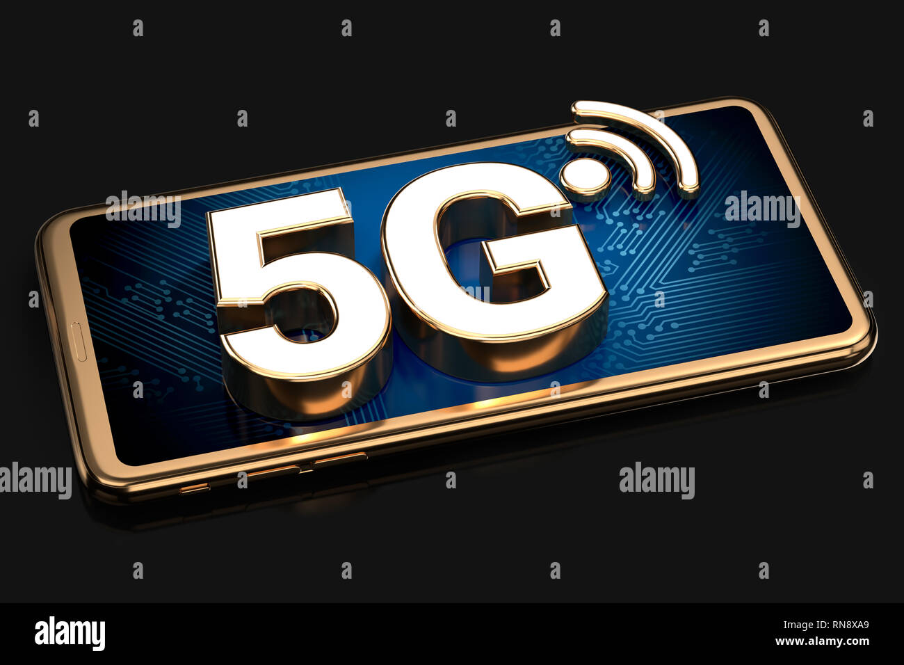 Smartphone with 5G sign on the screen isolated on black background. 3D ...