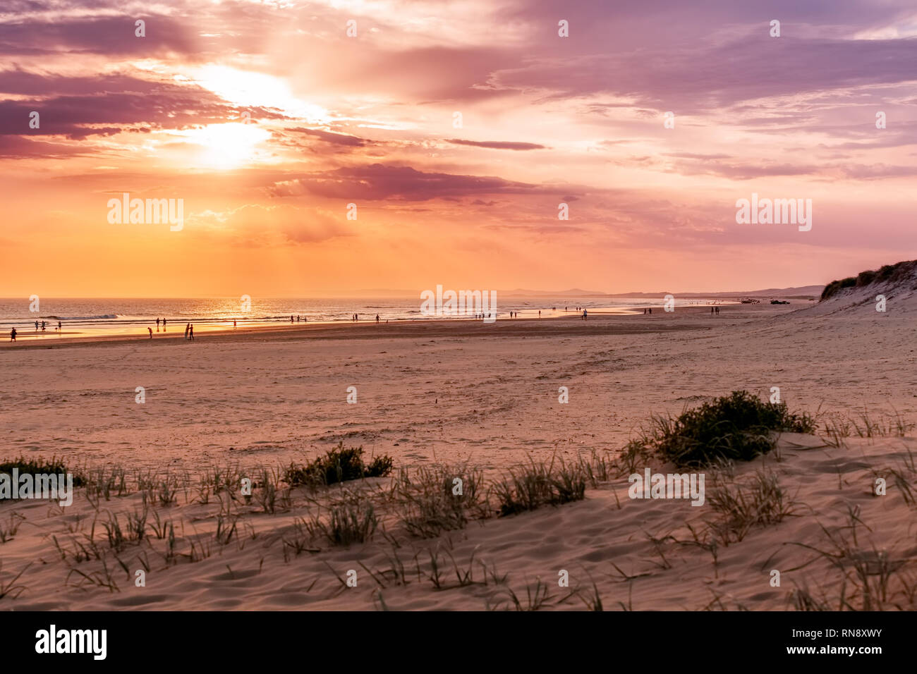 Sand dunes and ocean with people silhouettes at sunset. Anna Bay, New ...
