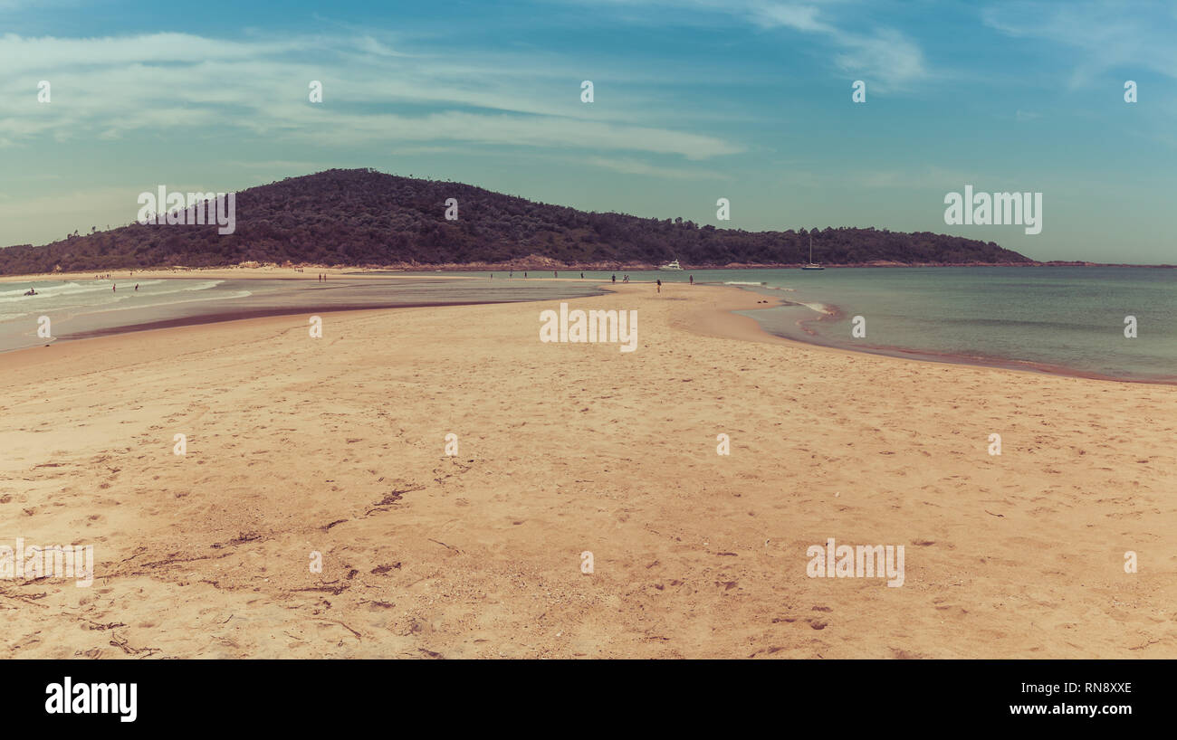 Fingal sand spit across to Fingal Island. Fingal Bay, New South Wales ...