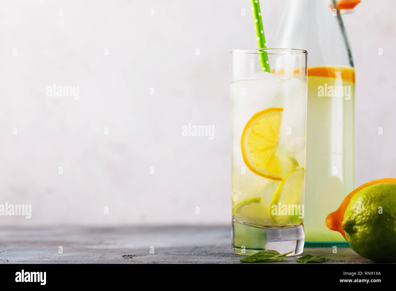Refreshing drink: water with lemon and lime in a clear glass on the ...